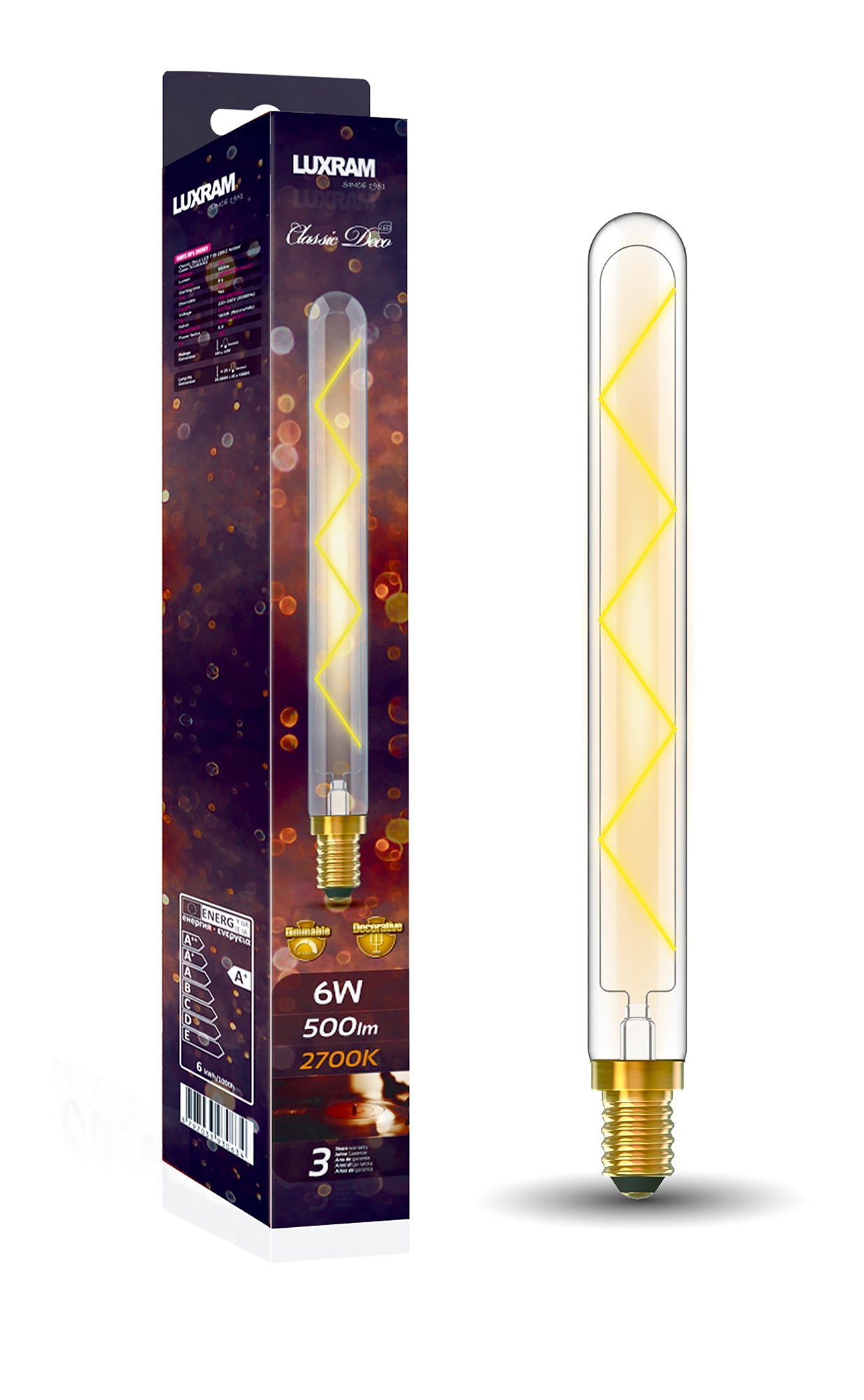 Classic Deco LED 280mm Tubular E14 Dimmable 6W 2700K Warm White, 500lm ...